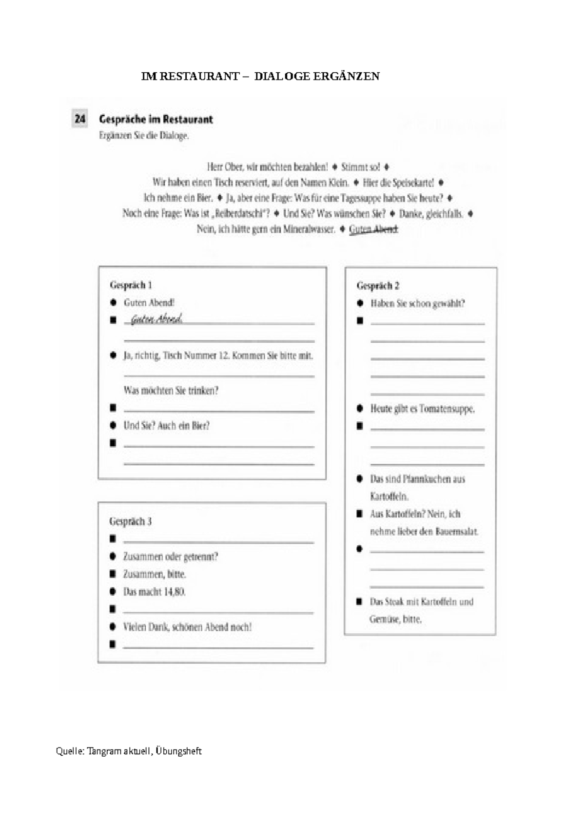 Im Restaurant Dialoge ergänzen - Metody Numeryczne - IM RESTAURANT ...