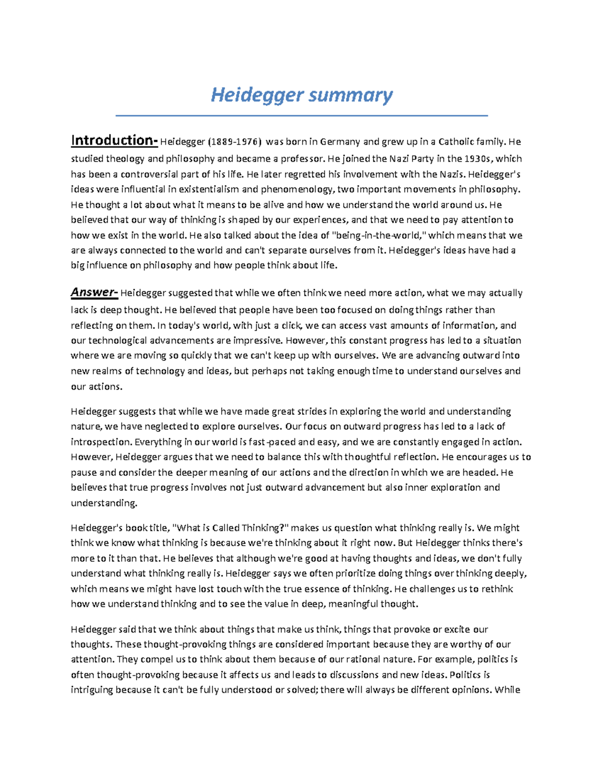 Heidegger summary - Heidegger summary Introduction- Heidegger (1889 ...