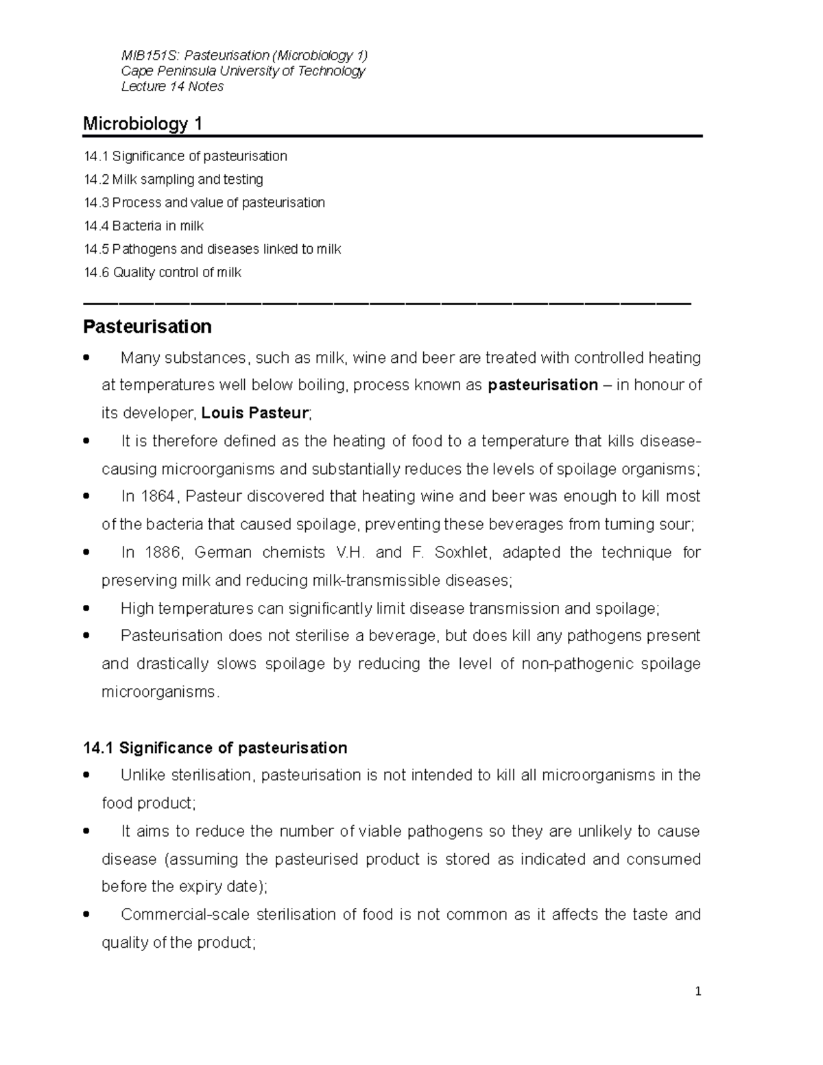 Microbiology 1 Lecture 14 (Pasteurisation) - Cape Peninsula University ...