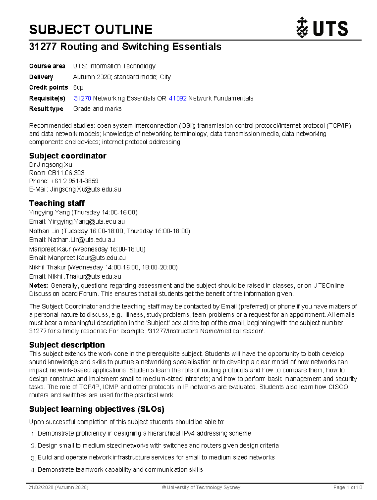 Routing and Switching Subject Outline - SUBJECT OUTLINE 31277 Routing ...