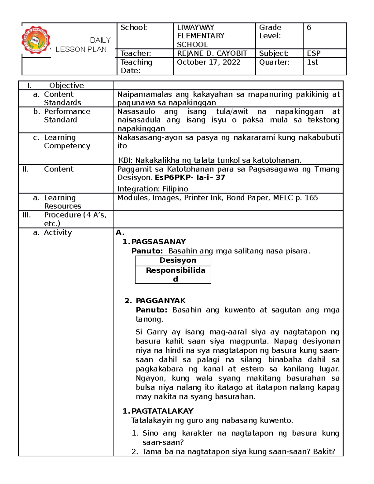 LP ESP Grade 6 - October 18, 2022- Module 3 - School: LIWAYWAY ELEMENTARY SCHOOL Grade Level: 6 ...