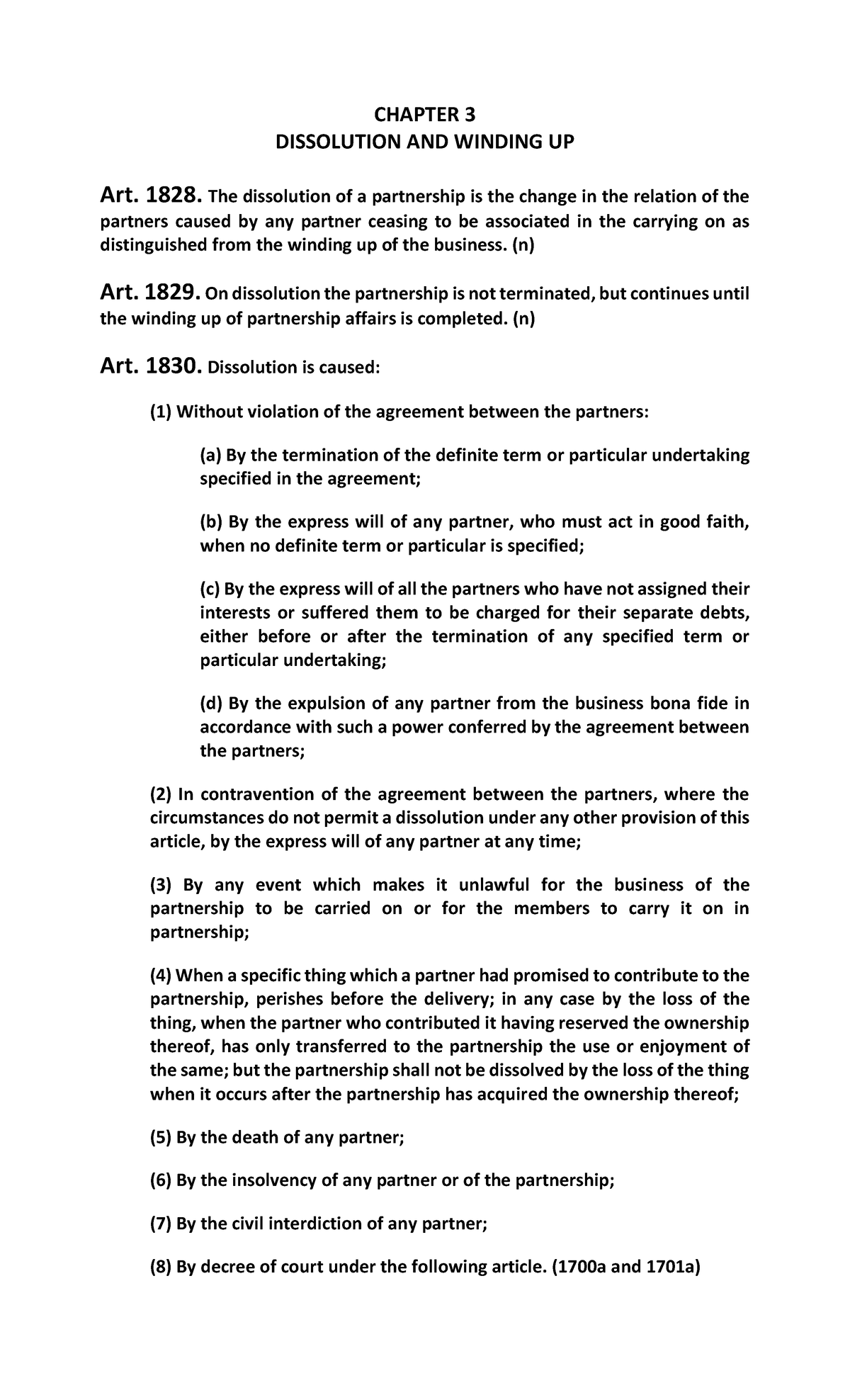 Article 1828 to 1842 - Lecture notes 1 - CHAPTER 3 DISSOLUTION AND ...