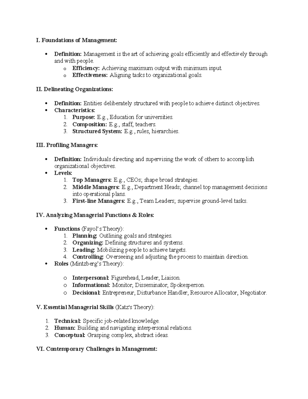 ITM midterm - ITM - I. Foundations of Management: Definition ...