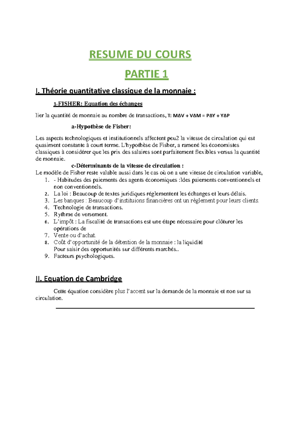 Résumé eco mon - RESUME DU COURS PARTIE 1 I. Théorie quantitative ...