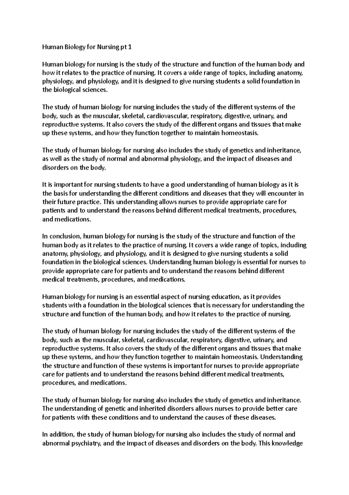 Human Biology for Nursing pt 1 - It covers a wide range of topics ...