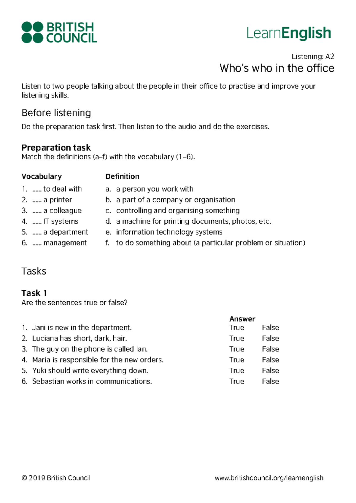 Learn English Listening A2 Whos who in the office - Listening: A Who’s ...