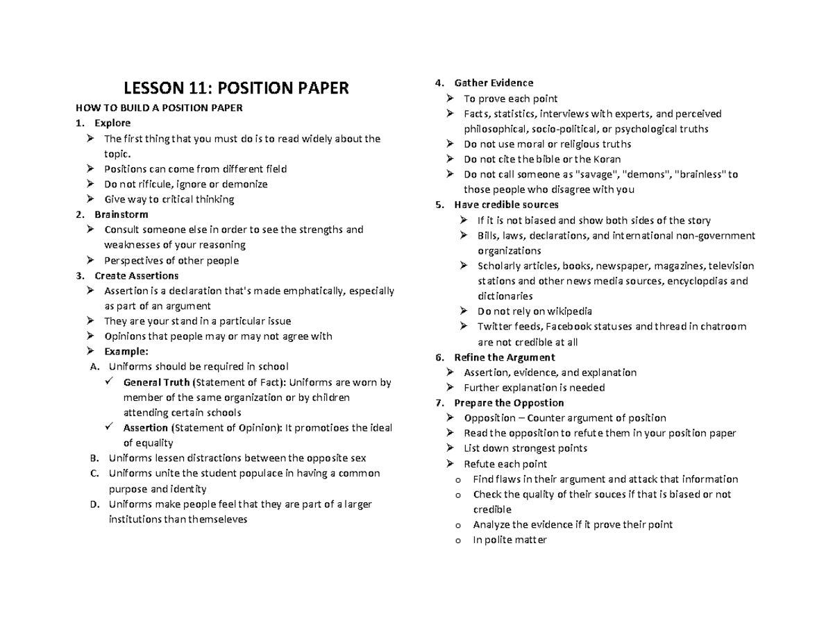 Lesson 11 ( Randw) - LESSON 11: POSITION PAPER HOW TO BUILD A POSITION ...