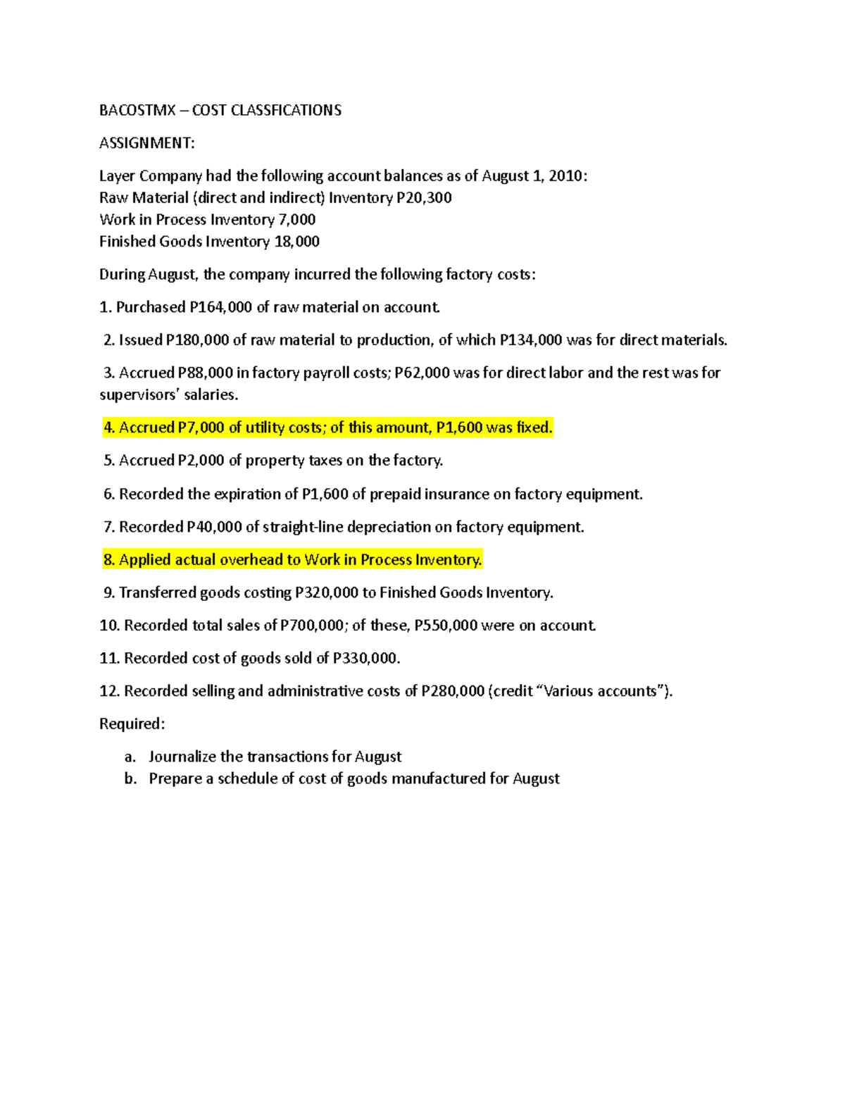 Cost Classification - BACOSTMX COST CLASSFICATIONS ASSIGNMENT: Layer ...