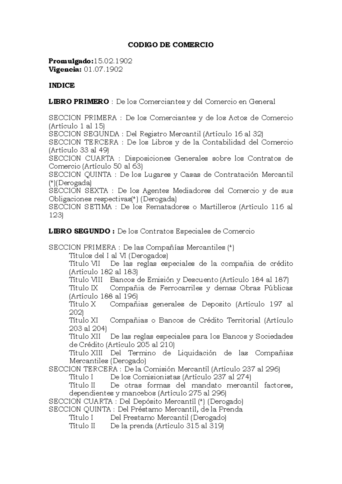 Codigo de comercio - CODIGO DE COMERCIO Promulgado:15. Vigencia: 01. INDICE LIBRO PRIMERO : De ...