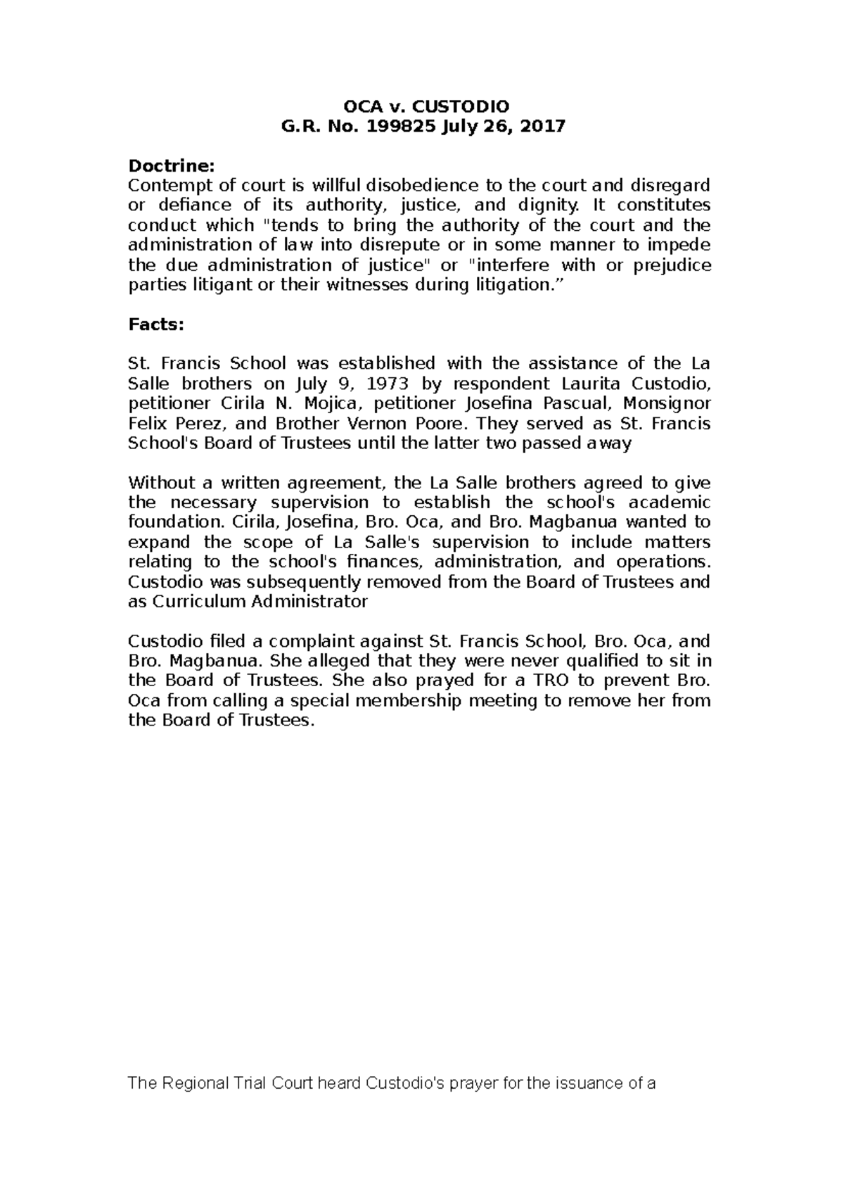Oca-v-custodio - Case digest oca vs. custodio - The Regional Trial ...