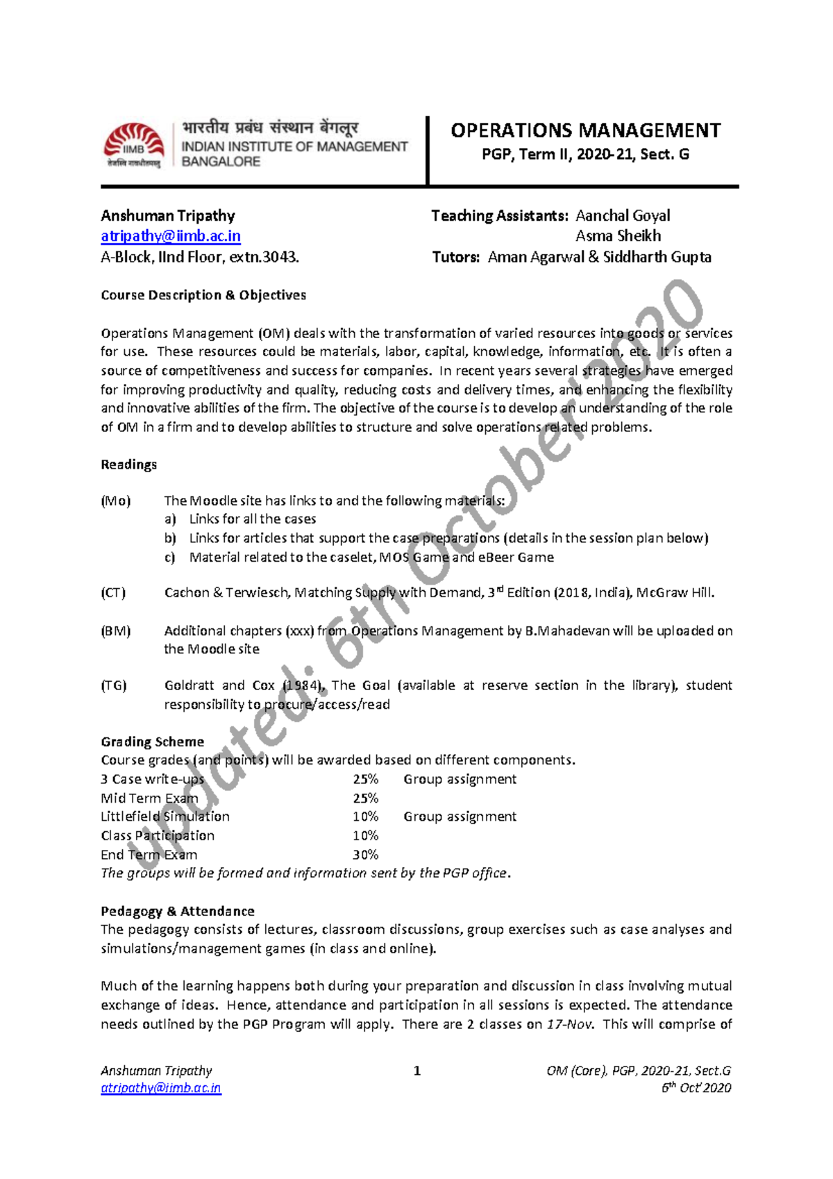 Syllabus OM Core PGP IIMB 2020-21 6Oct20 - Warning: TT: undefined function: 32 Warning: TT ...