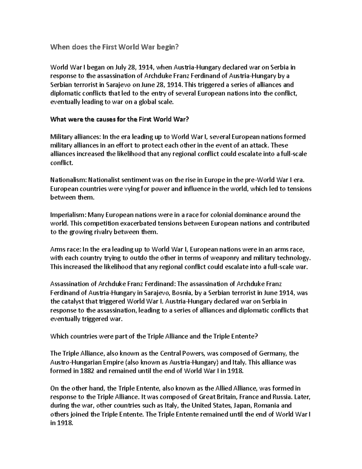 First World War - English - When does the First World War begin? World ...