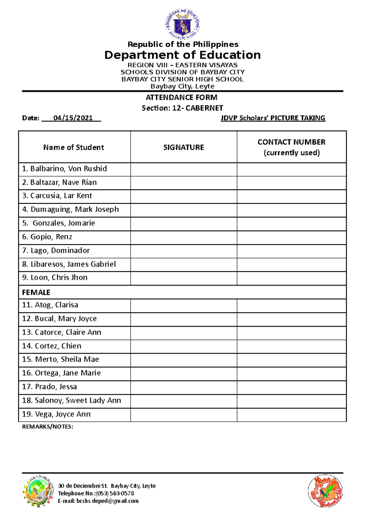 JDVP Attendance - Republic of the Philippines Department of Education ...