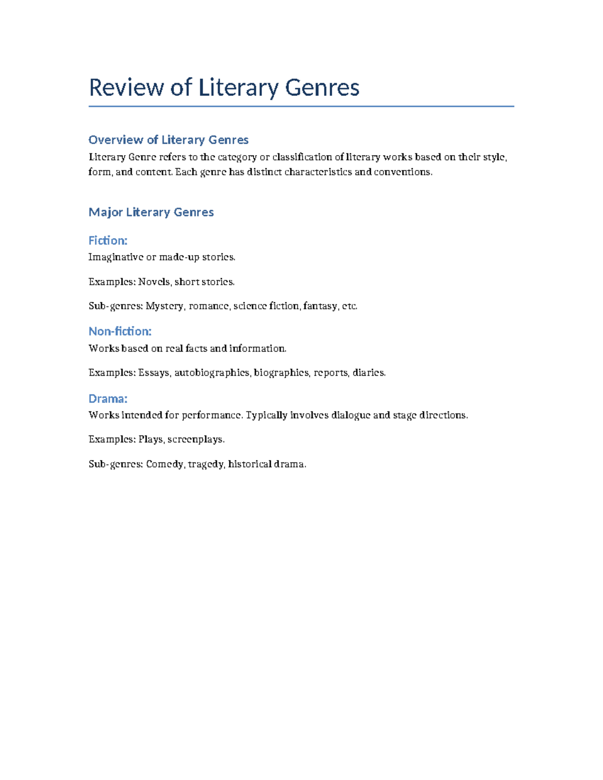 Literary Genres Review - Review of Literary Genres Overview of Literary ...