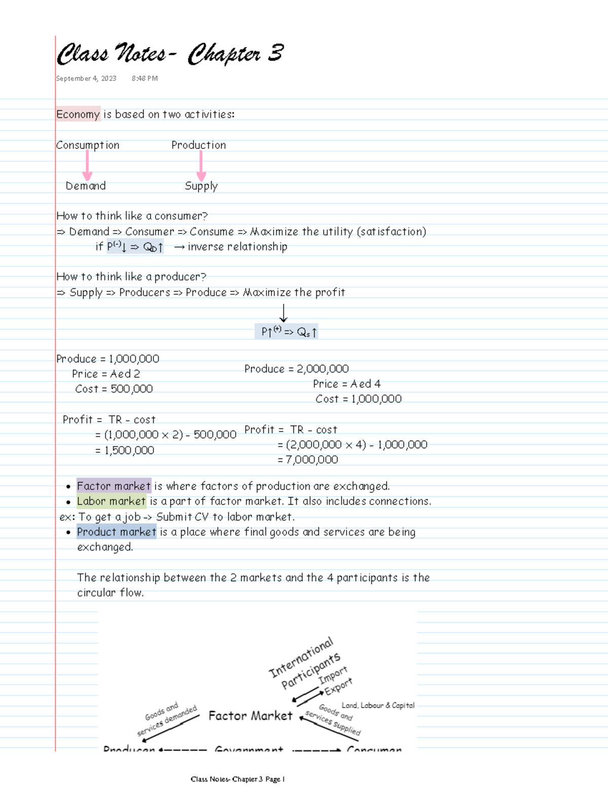 Class Notes- Chapter 3 - just read - Economy is based on two activities ...