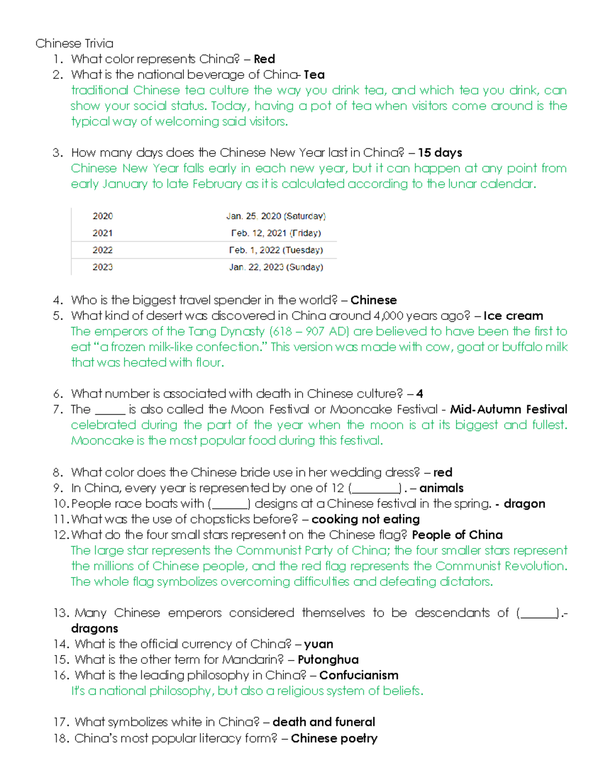 Chinese-trivia - Thanks - Chinese Trivia 1. What color represents China ...