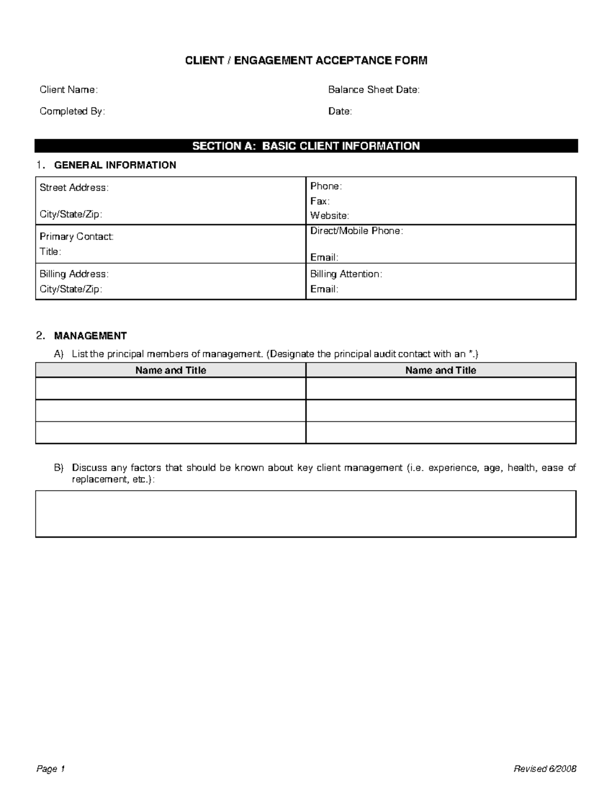 Client And Acceptance form - C L I E N T / E N G A G E M E N T A C C E ...