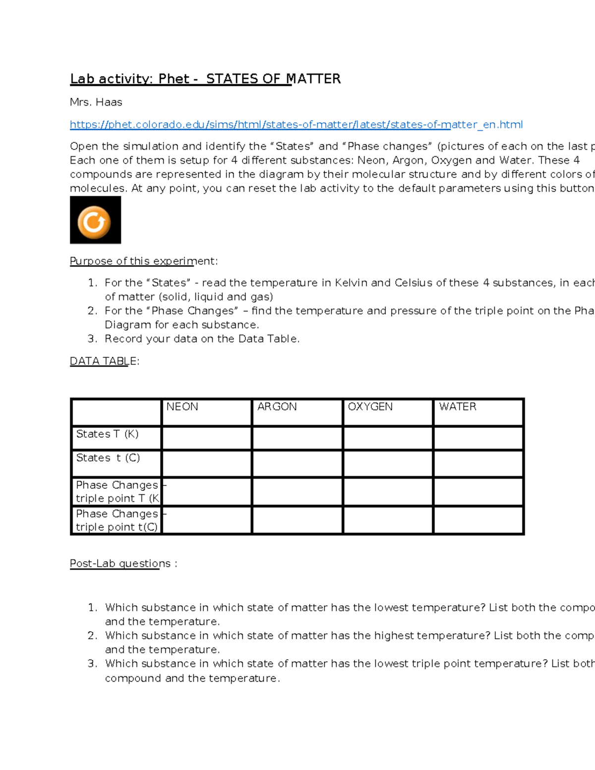 P HET States of matter LAB Handout pdf - Lab activity: Phet - STATES OF ...
