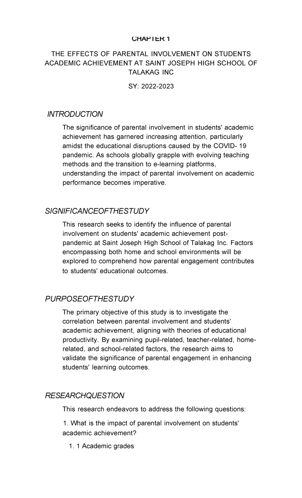 Practical Research chapter 1 - THE EFFECTS OF PARENTAL INVOLVEMENT ON ...