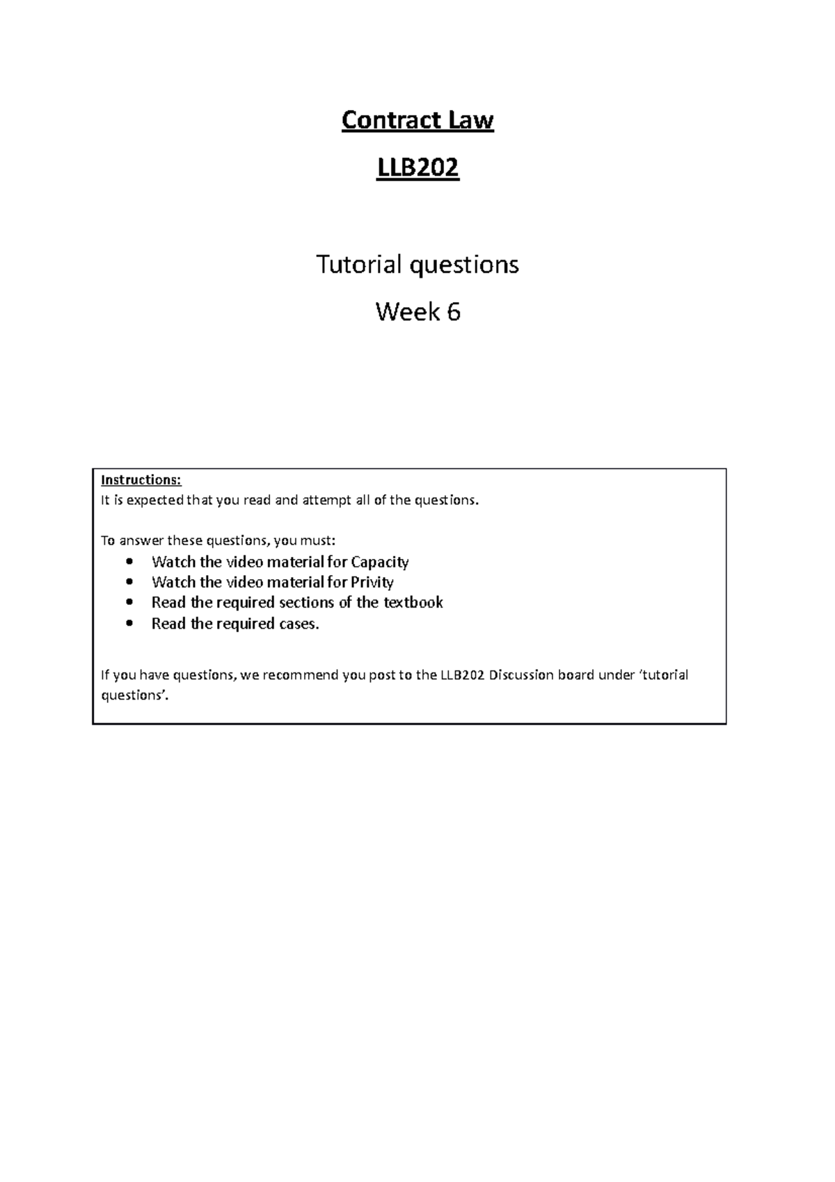 Week 6 Tutorial Question Contract Law Equitable Estoppel - Contract Law LLB Tutorial questions ...