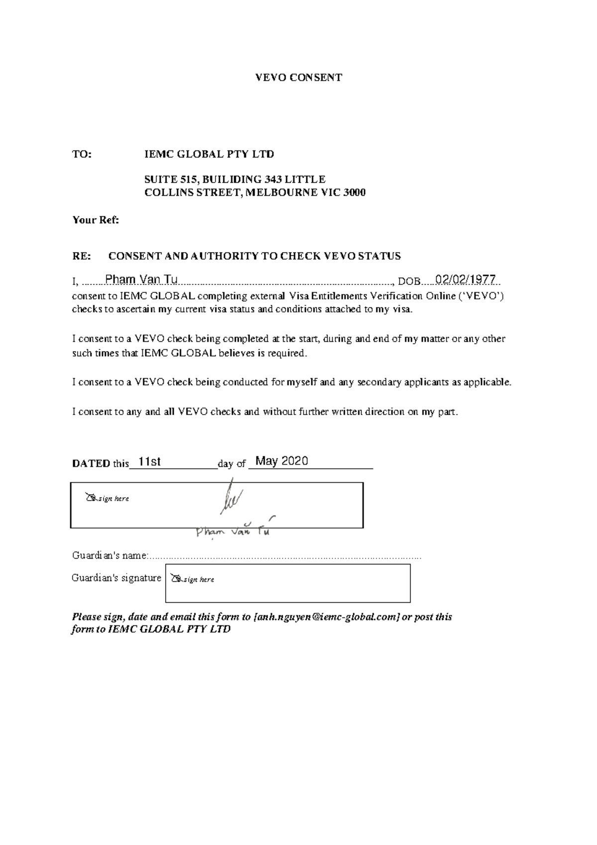 VEVO-Consent ver2 - vevo - VEVO CONSENT TO: Your Ref: IEMC GLOBAL PTY ...