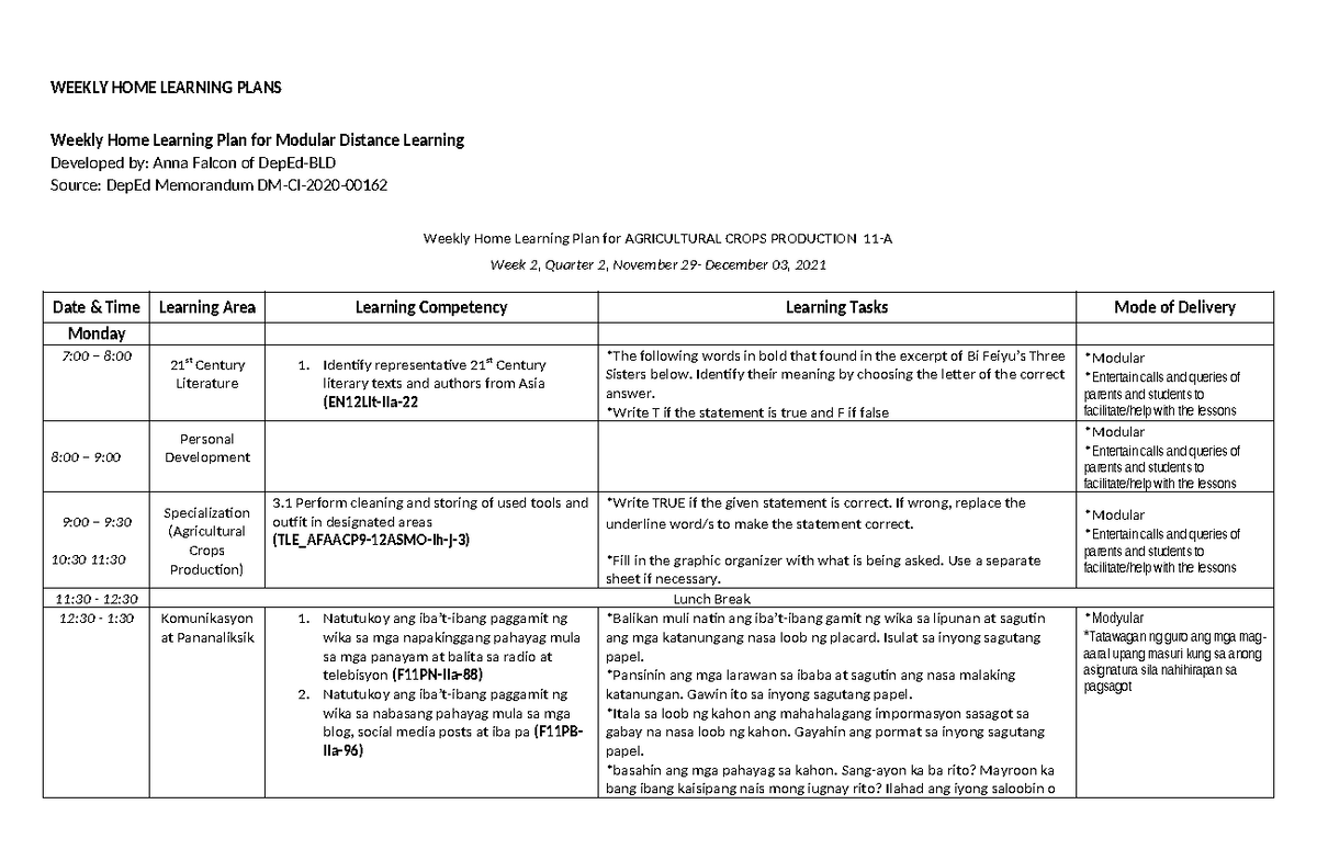 WEEK 3- WEEKLY HOME LEARNING PLAN (WHLP) is essential for guiding ...
