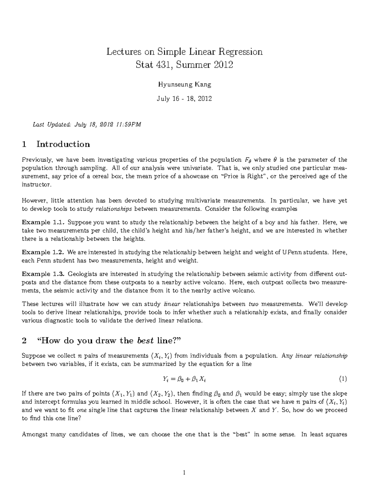 Summary Simple Linear Regression Lectures On Simple Linear Regression Stat 431 Summer 2012