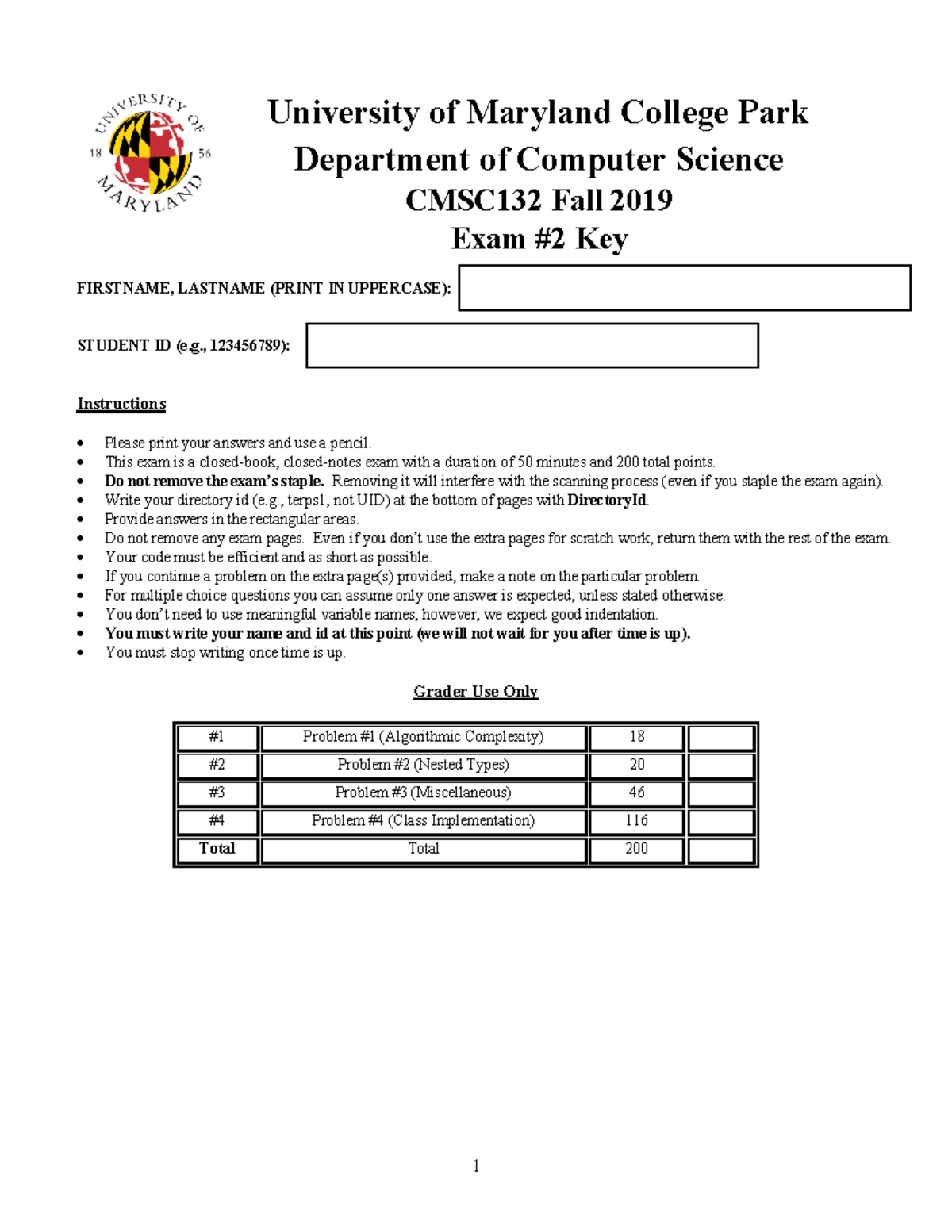 Exam2132Fall2019 Soln - University of Maryland College Park Department of Computer Science ...