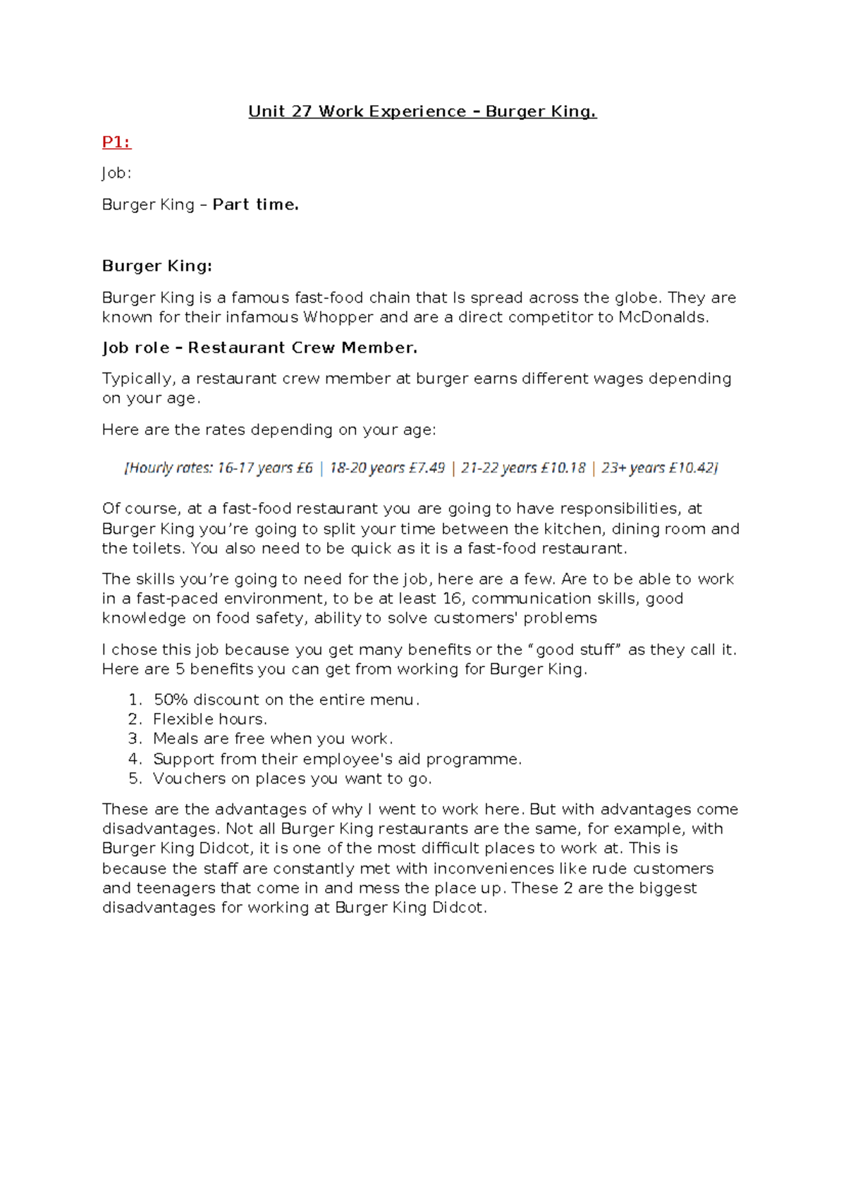 Unit 27 - Burger King - Unit 27 Work Experience – Burger King. P1: Job ...