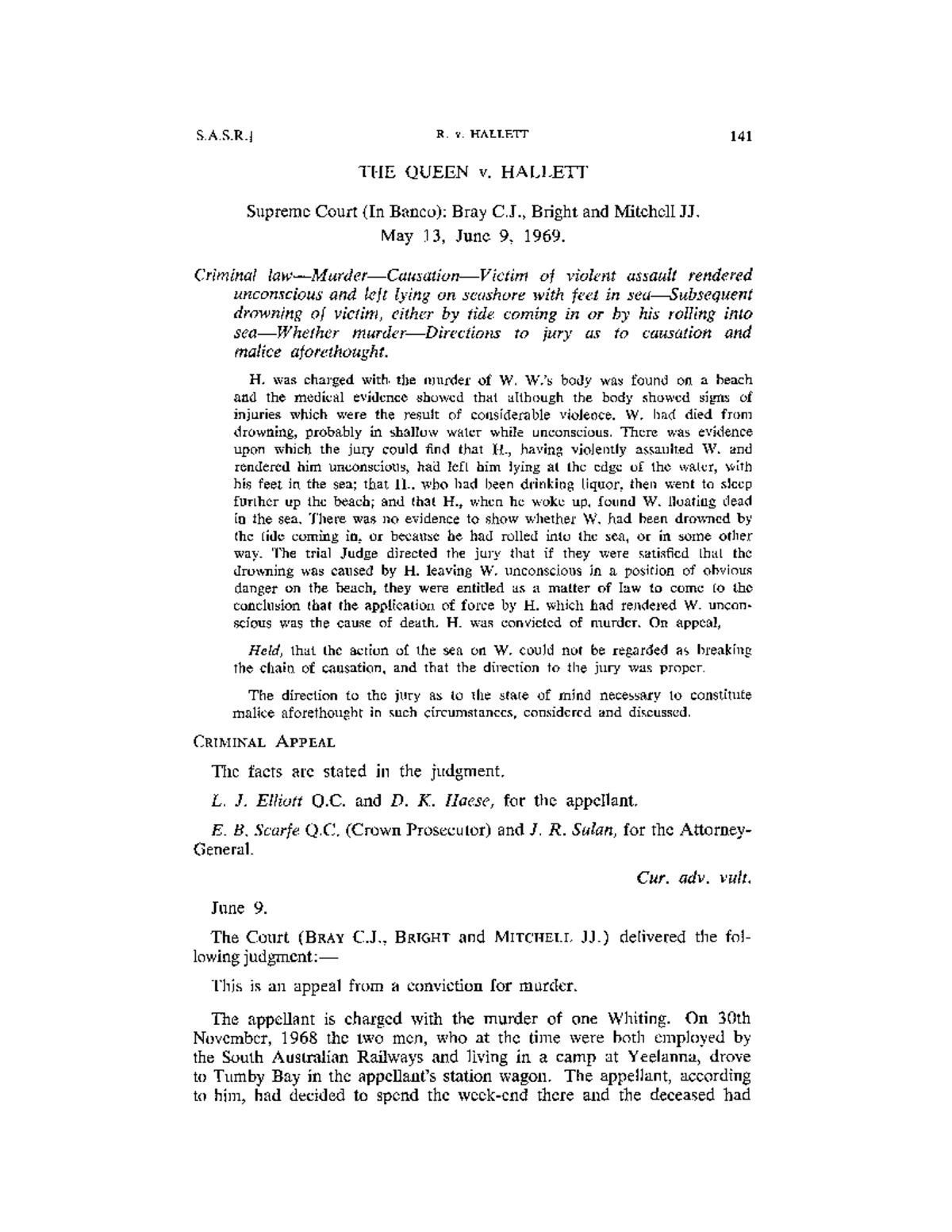 R v Hallett [1969] SASR 141 - THE QUEEN v. HALLETT Supreme Court (In ...