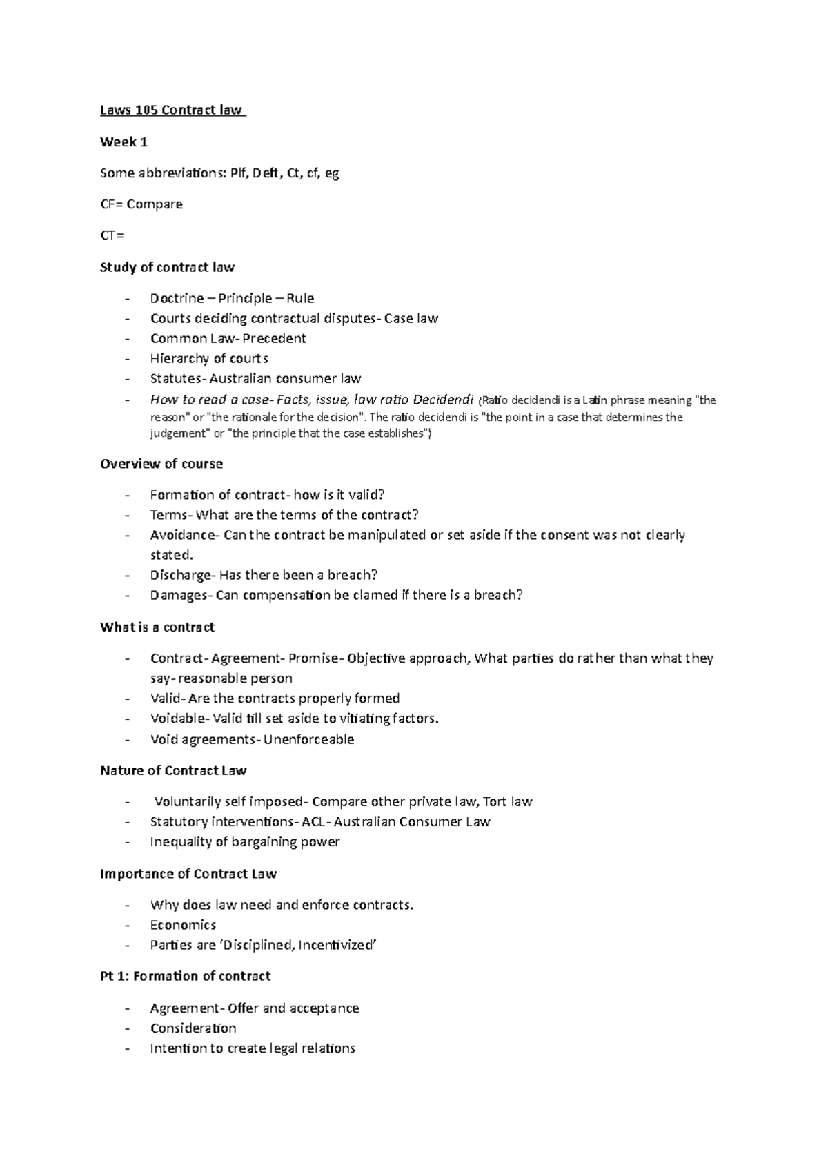 Laws 105 Contract law - Laws 105 Contract law Week 1 Some abbreviations ...