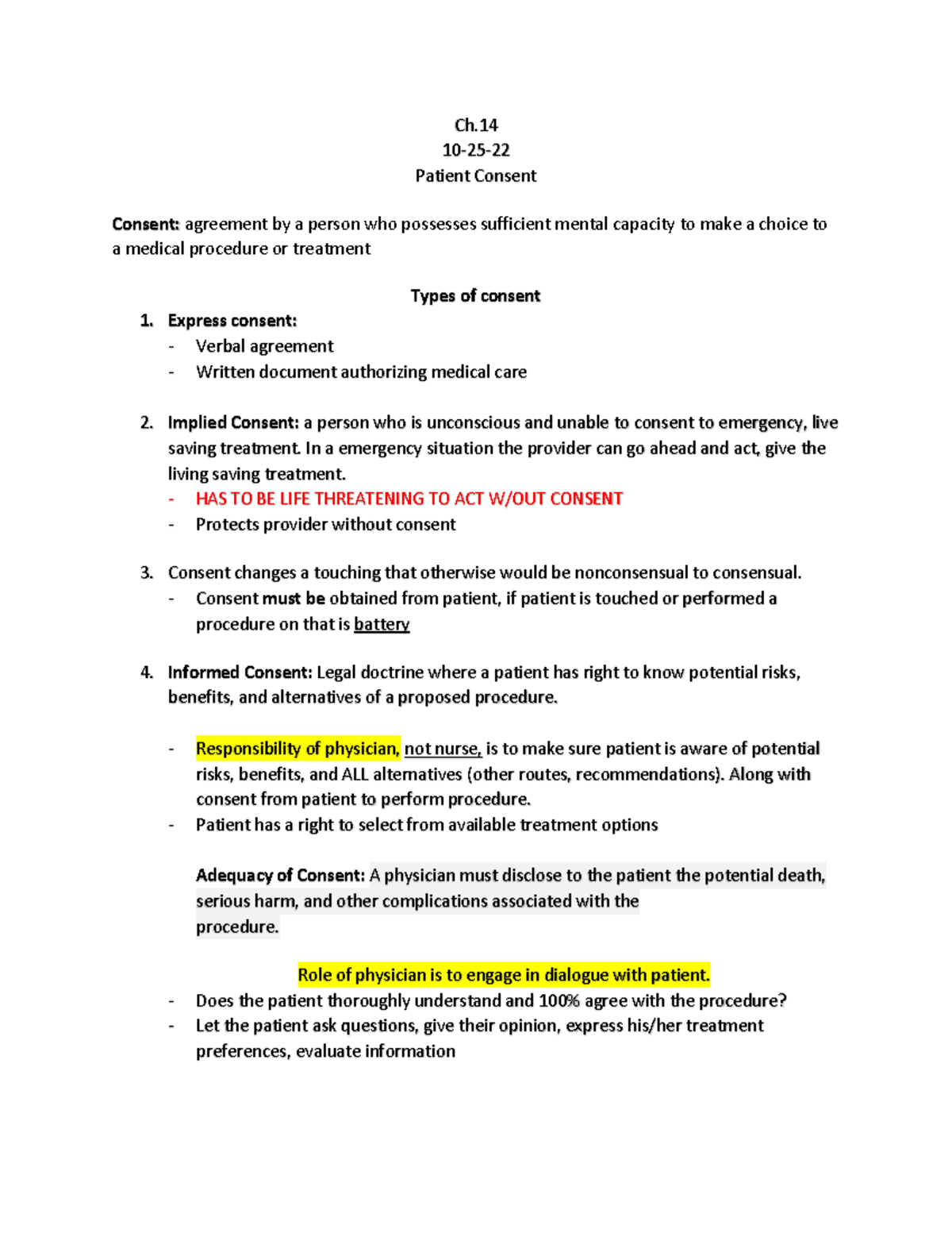 Patient Consent - Ch. 10-25- Patient Consent Consent: agreement by a ...