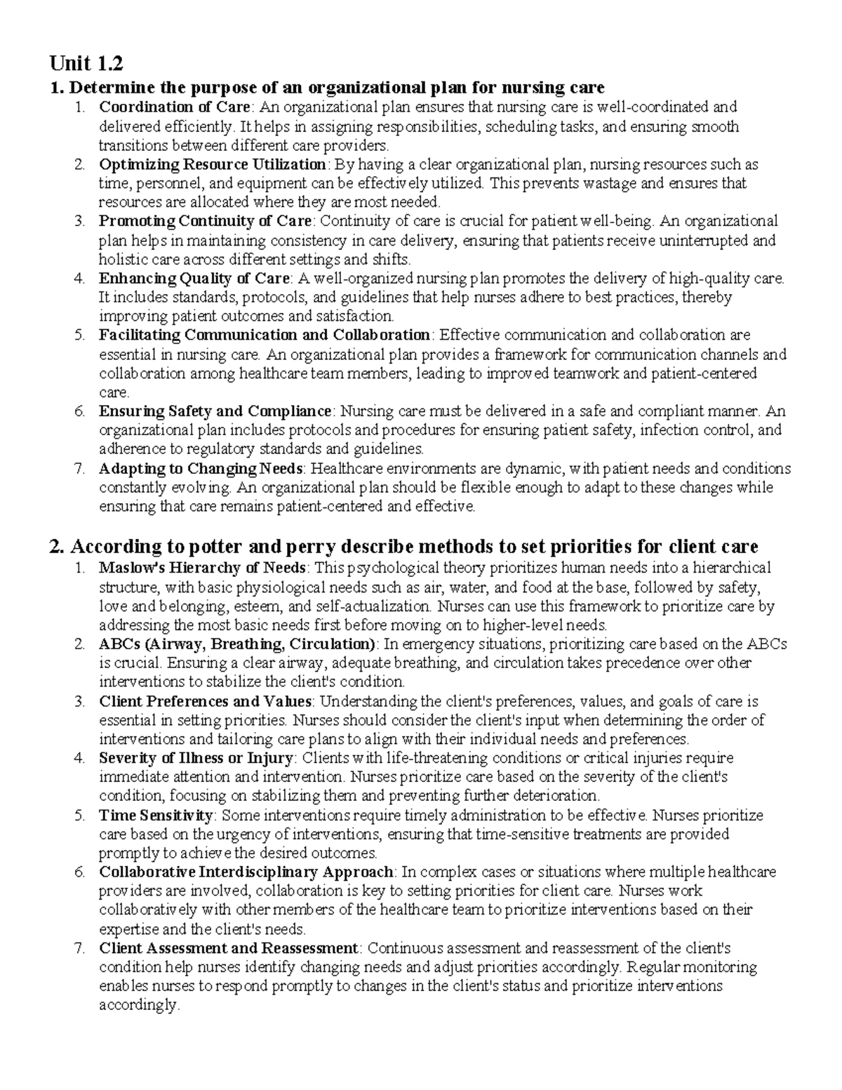 NFDN 1002 Unit 1.2 SLO - SLO - Unit 1. 1. Determine the purpose of an organizational plan for ...