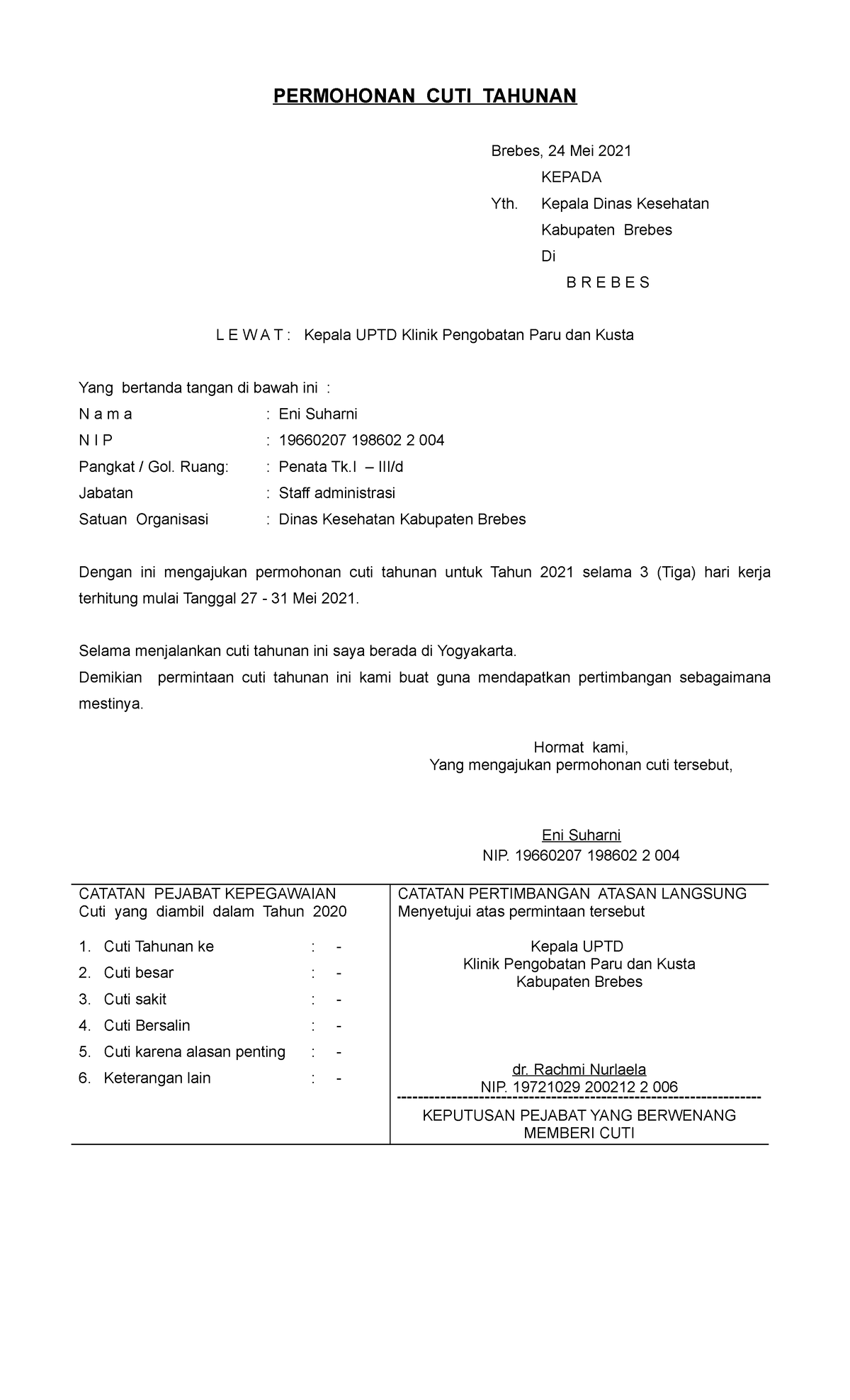 CUTI - health leave - PERMOHONAN CUTI TAHUNAN Brebes, 24 Mei 2021 ...