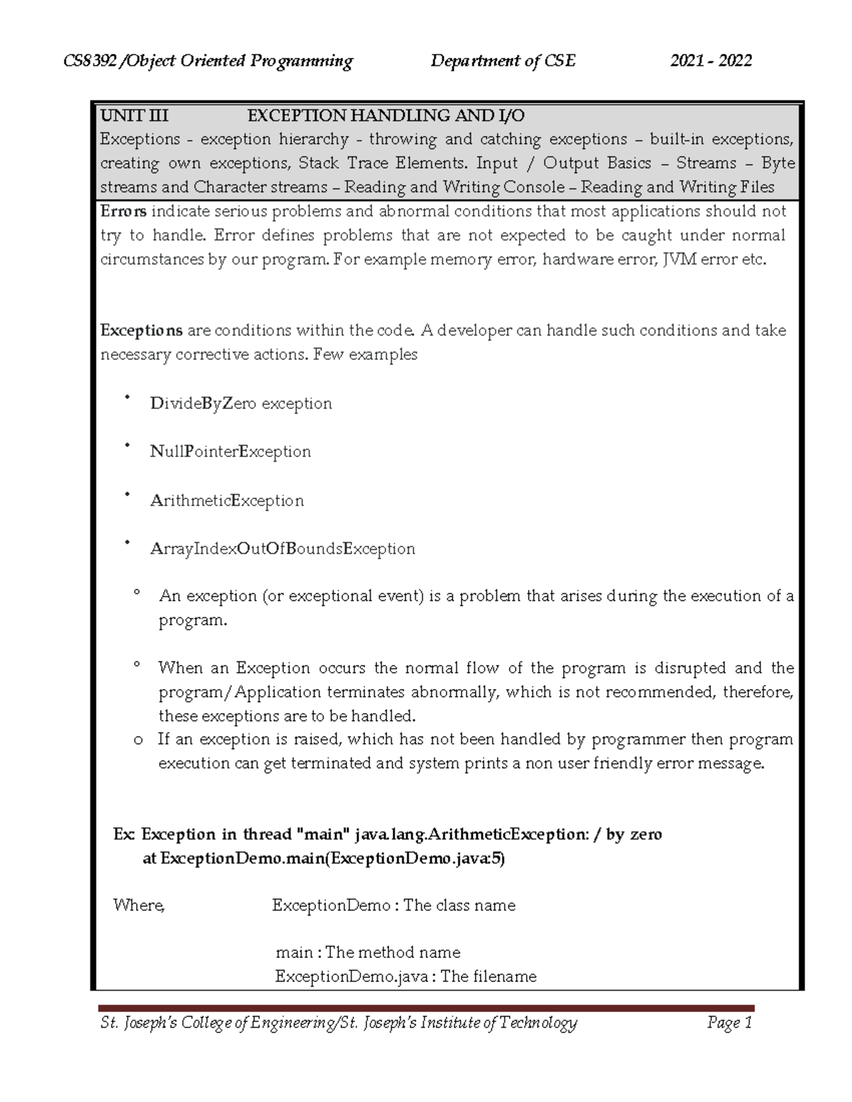 OOPS-3(OLD) - class notes - UNIT III EXCEPTION HANDLING AND I/O ...