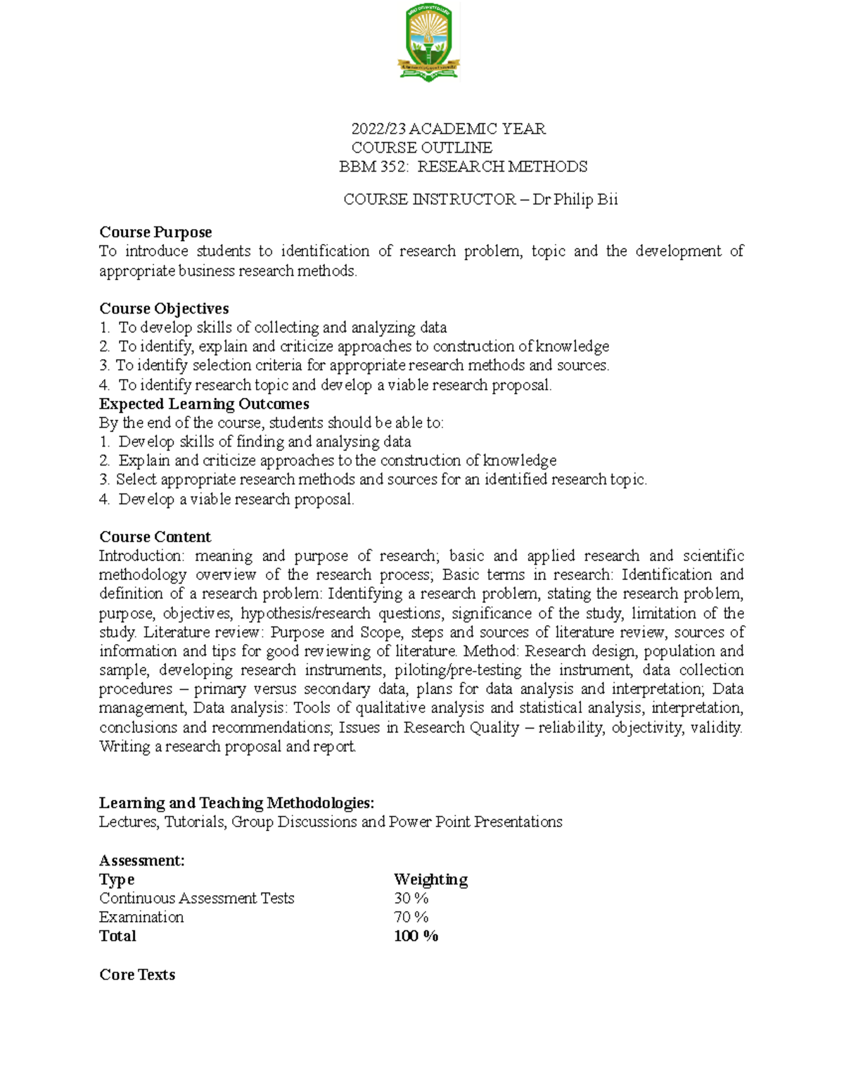 4. Research Methods Notes - 2022/23 ACADEMIC YEAR COURSE OUTLINE BBM ...