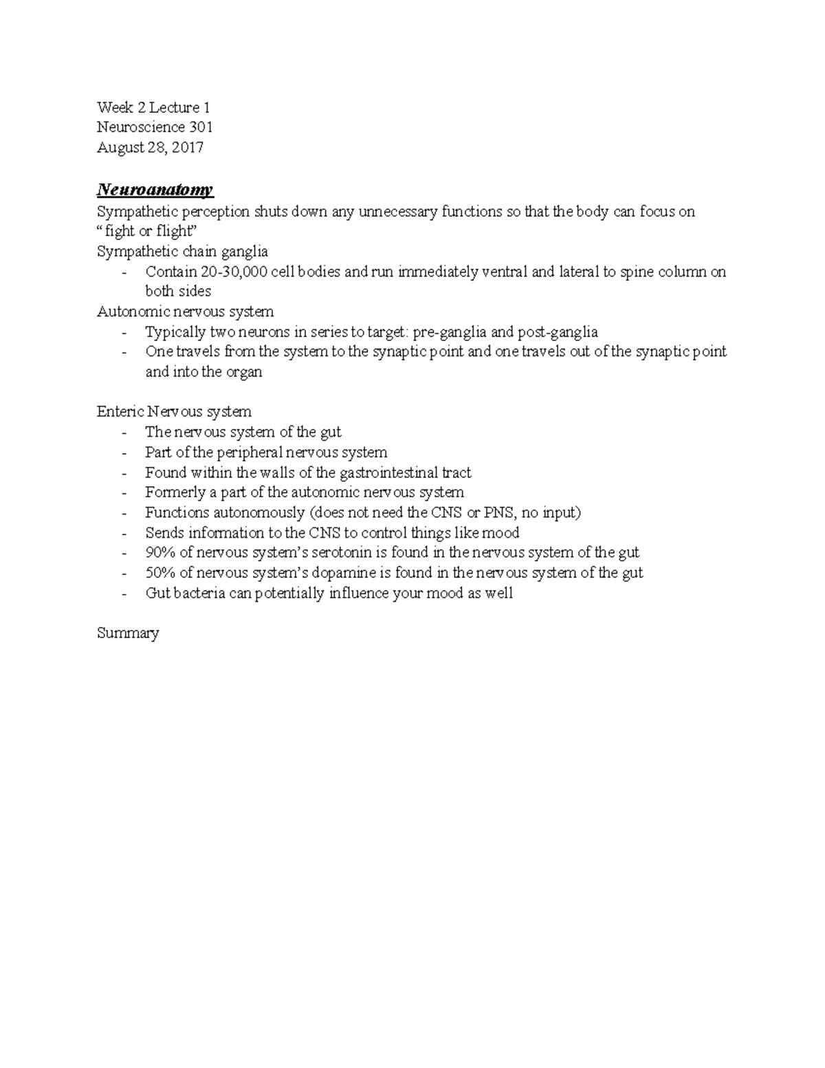 Week 2 Lecture 1 - Week 2 Lecture 1 Neuroscience 301 August 28, 2017 Neuroanatomy Sympathetic ...