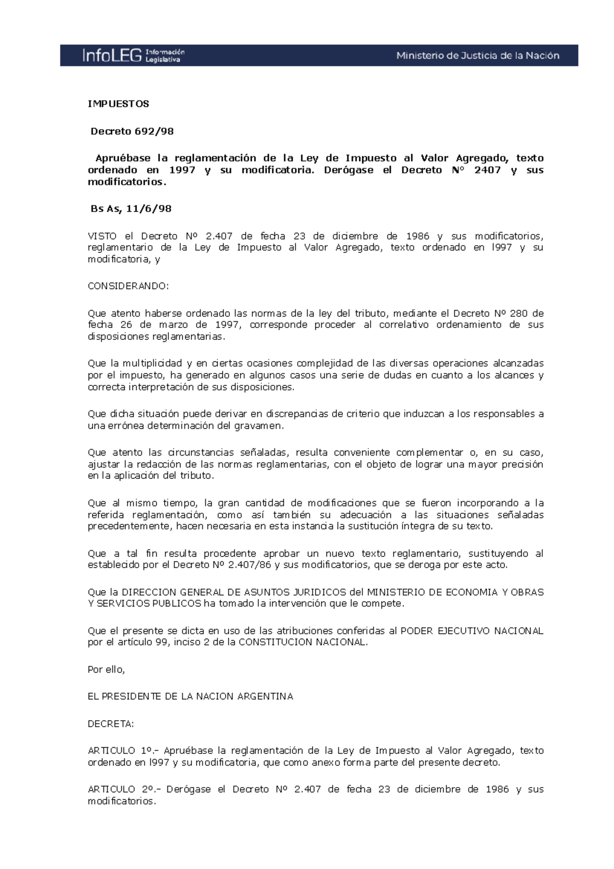 DECRETO R DE IVA - IMPUESTOS Decreto 692/ Apruébase la reglamentación de la Ley de Impuesto al ...