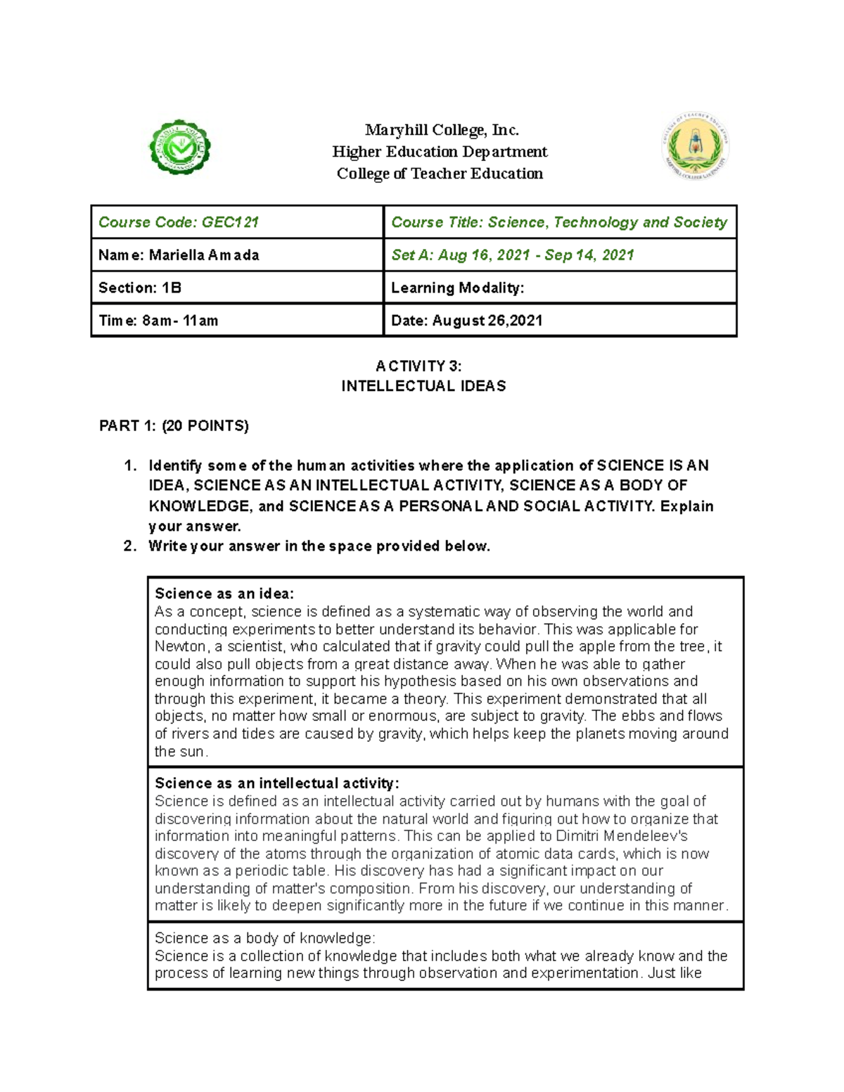 Science Technology and Society Activity 3 - Maryhill College, Inc ...