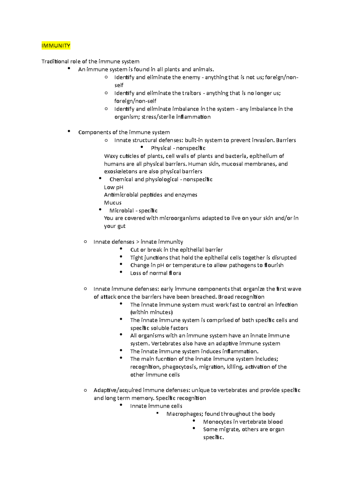 Immunity lecture notes - IMMUNITY Traditional role of the immune system ...
