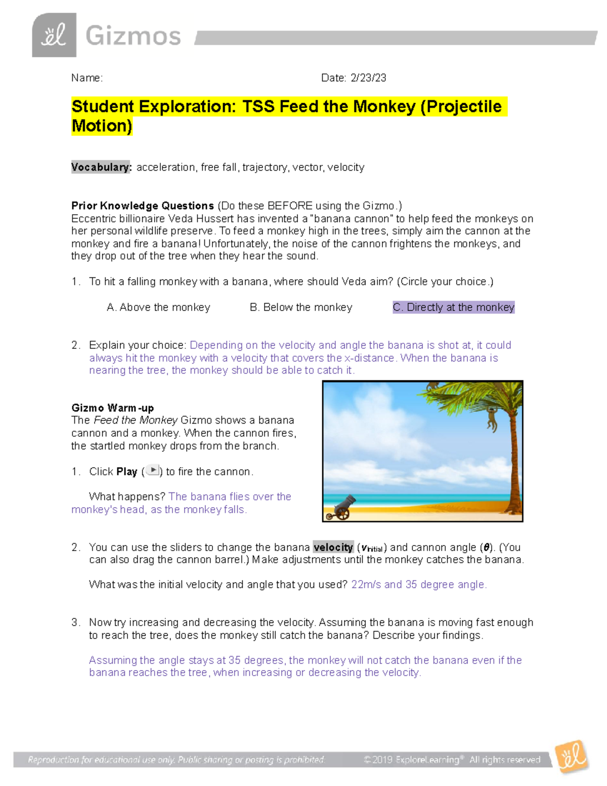 TSS Feed Monkey - Name: Date: 2/23/ Student Exploration: TSS Feed the Monkey (Projectile Motion ...