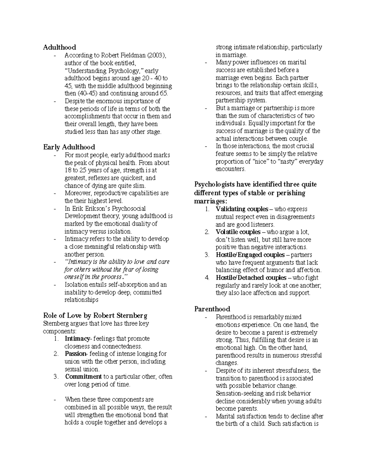 Review Notes on Early Adulthood - Adulthood According to Robert ...