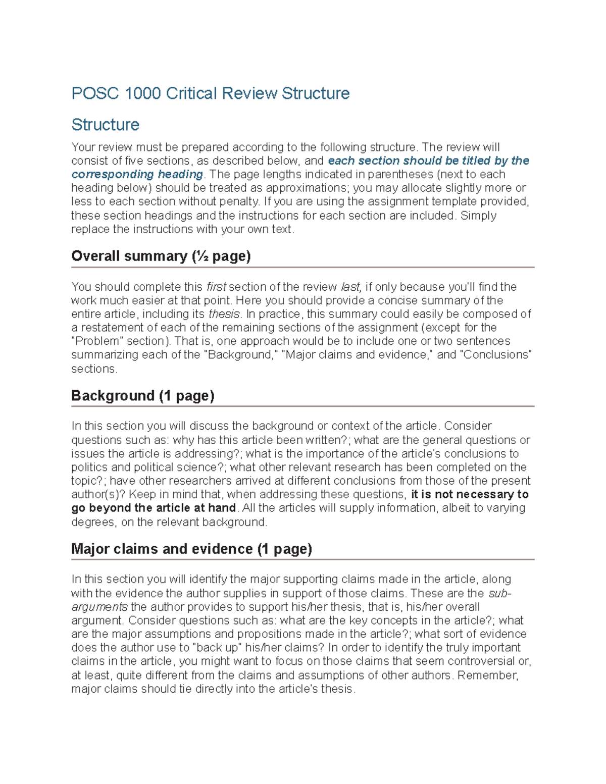 POSC 1000 Critical Review Structure - POSC 1000 Critical Review ...