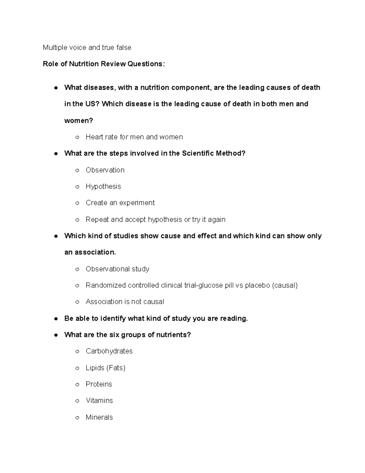 Nutrition Exam 1 Notes - Multiple voice and true false Role of ...