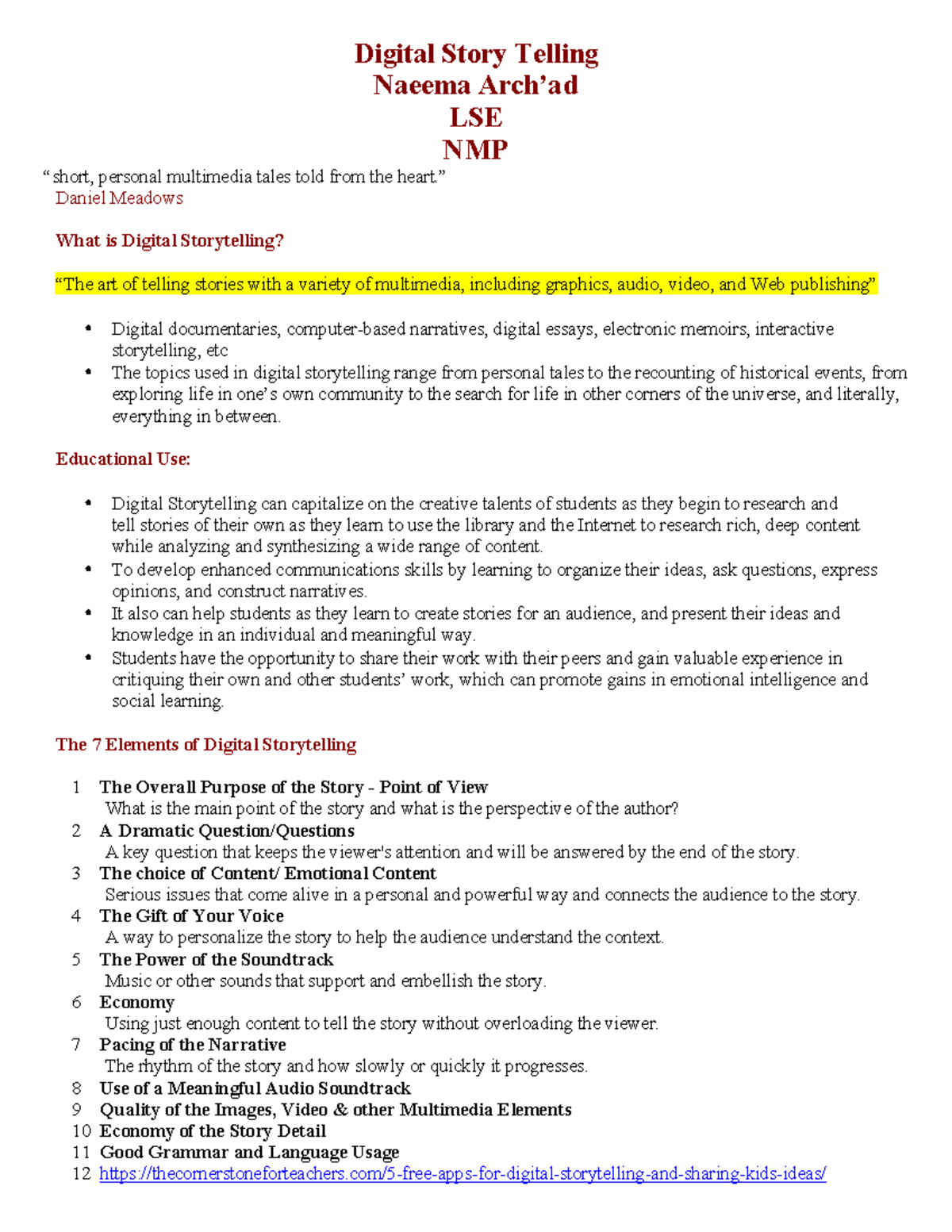 Digital Story Telling - good - Digital Story Telling Naeema Arch’ad LSE ...