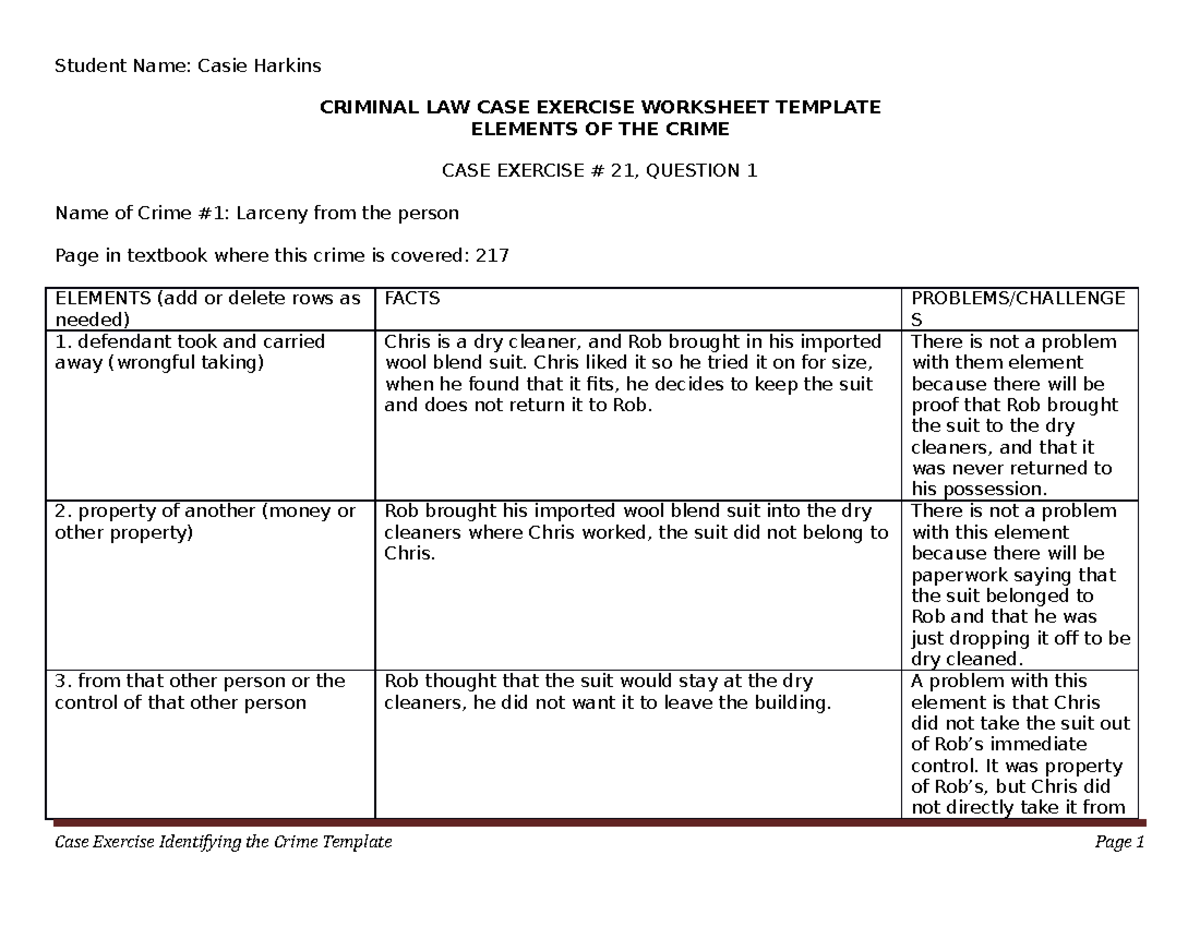 Criminal law case 21 #1 - Student Name: Casie Harkins CRIMINAL LAW CASE ...