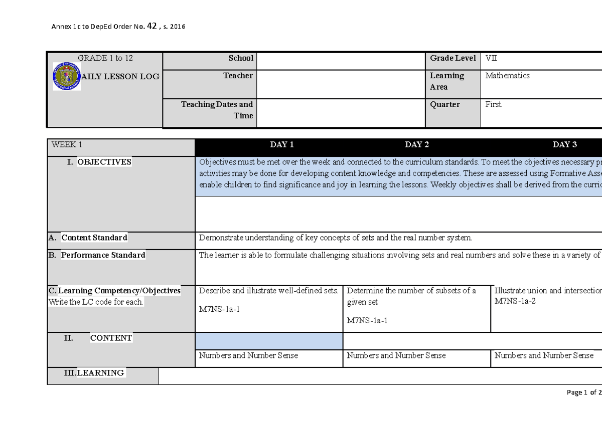 G7 Q1 WEEK 01 - Detailed lesson plan in Math 7 - GRADE 1 to 12 DAILY ...