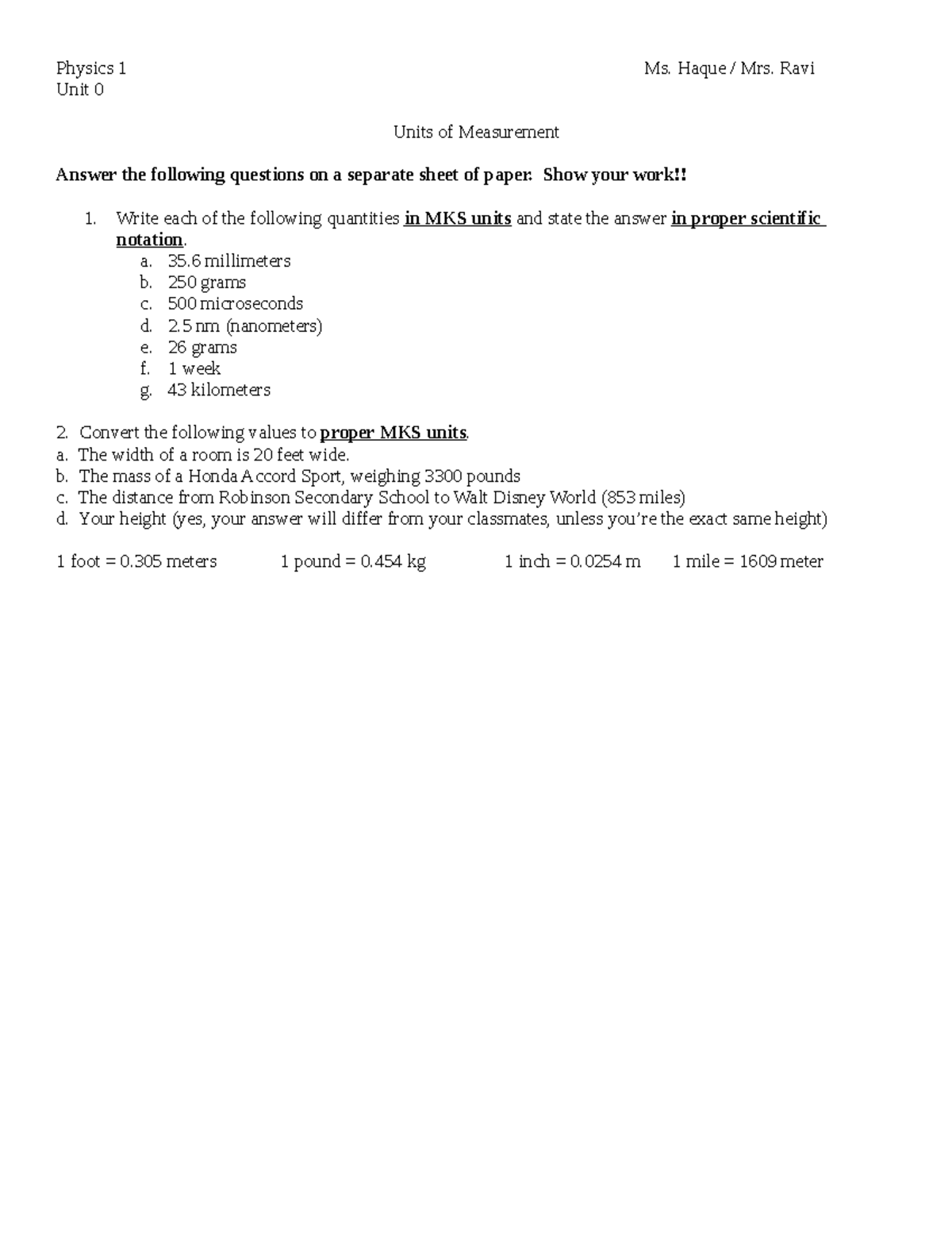 HW1 of Units of Measurement - Physics 1 Ms. Haque / Mrs. Ravi Unit 0 ...