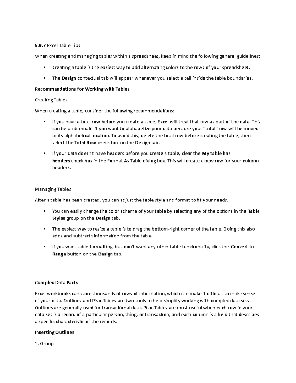 Lecture Notes 7 - 5.9 Excel Table Tips When creating and managing ...