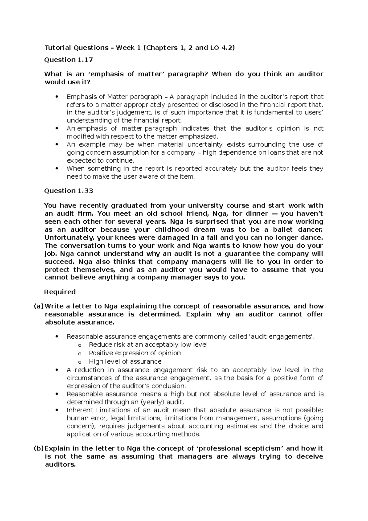 Auditing Notes - Tutorial Questions – Week 1 (Chapters 1, 2 and LO 4 ...